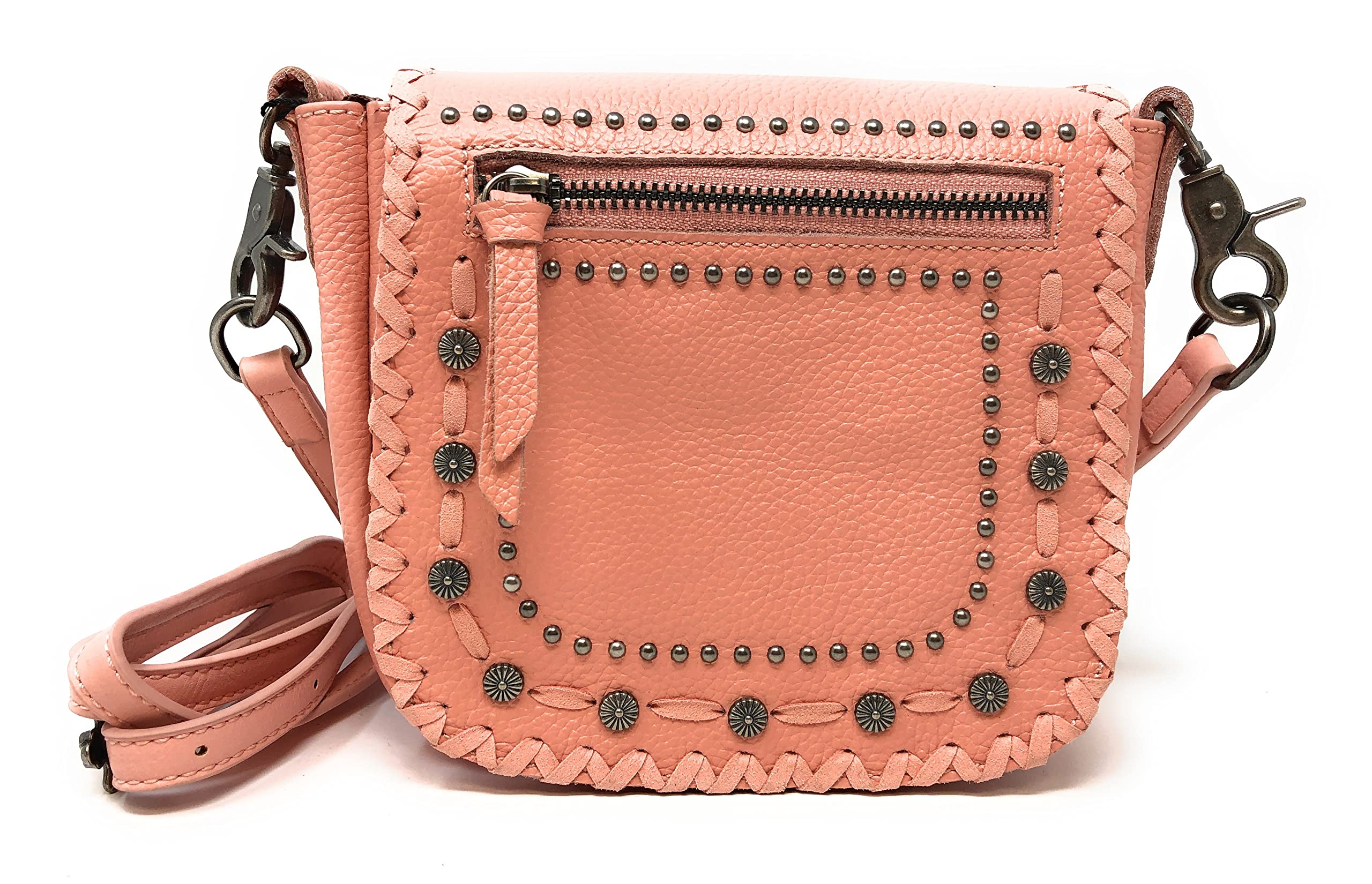 MMontana West Real Leather Messenger Purse Crossbody Purse Conchos Stitching Beige