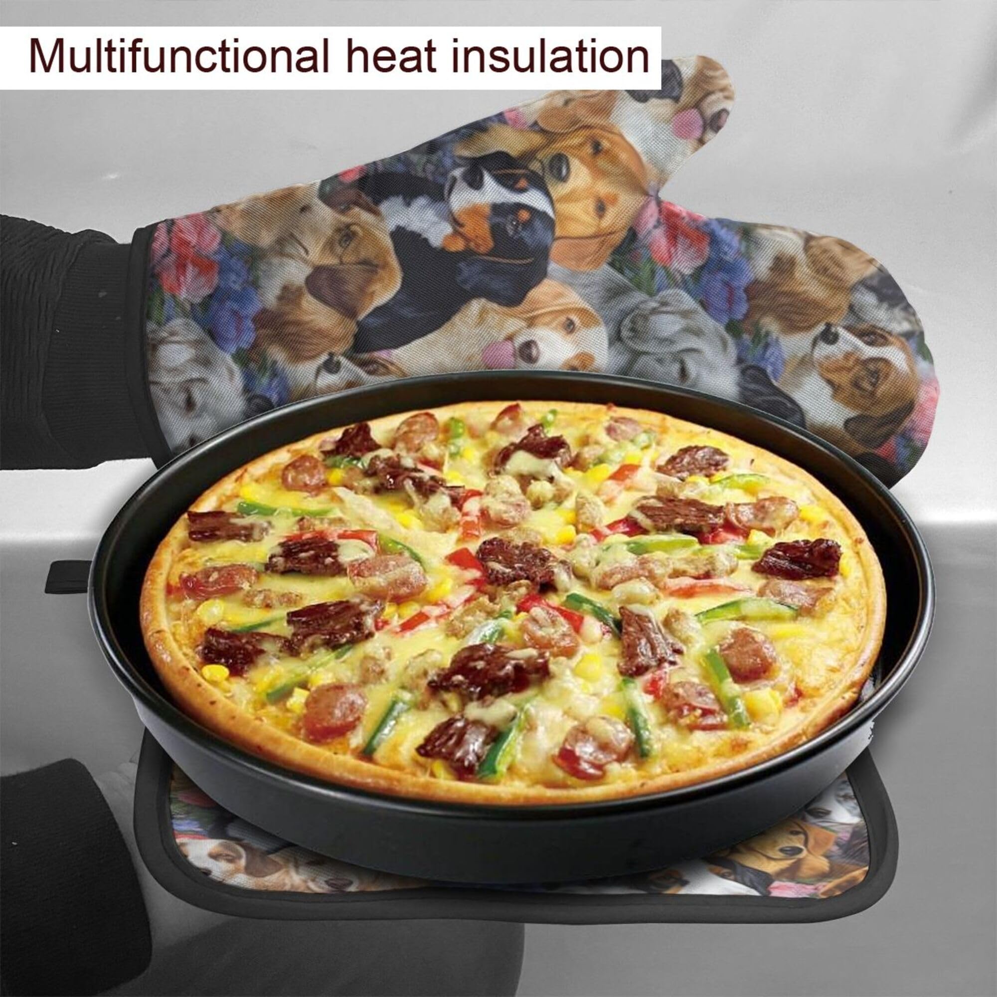 Dujiea Home Kitchen Oven Mitts and Potholders Set, Dogs Garden Puppies Heat Resistant Waterproof Non Slip BBQ Gloves Hot Pad Set for Baking Cooking Grilling