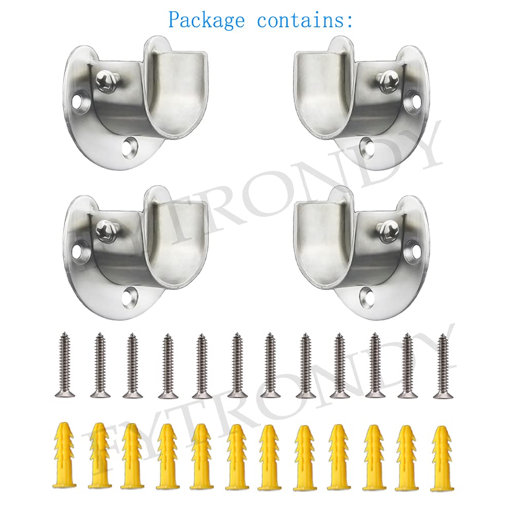 FYTRONDY Stainless steel Wardrobe Closet Rod Bracket, U-Shaped Open type Socket bracket, Shower Curtain Rod Pole End Supports Sockets Flange (1-1/4 INCH, 4 PACK)
