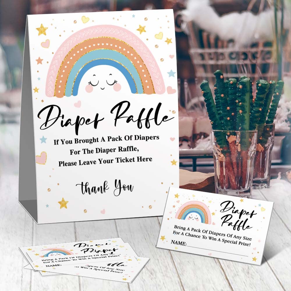 Diaper Raffle Baby Shower Game, 1 Standing Sign and 50 Tickets, Boho Rainbow Raffle Insert Ticket, Gold Diaper Raffle Ticket, Baby Showers Decorations