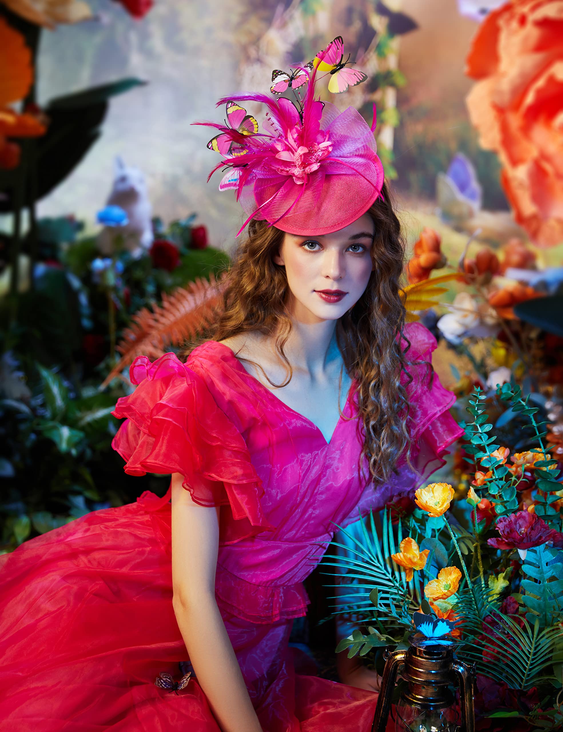 Coucoland Fascinators Hat Tea Party Pillbox Hat Butterfly Fascinator Headband for Derby (Rose Red)