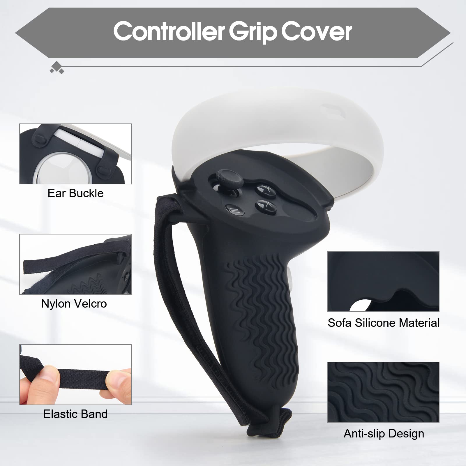 Controller Grips Cover for Oculus/Meta Quest 2, Catcan Silicone Anti-Throw Grips Cover with Adjustable Knuckle Straps and Silicone Face Pad for Oculus Quest 2 Accessories