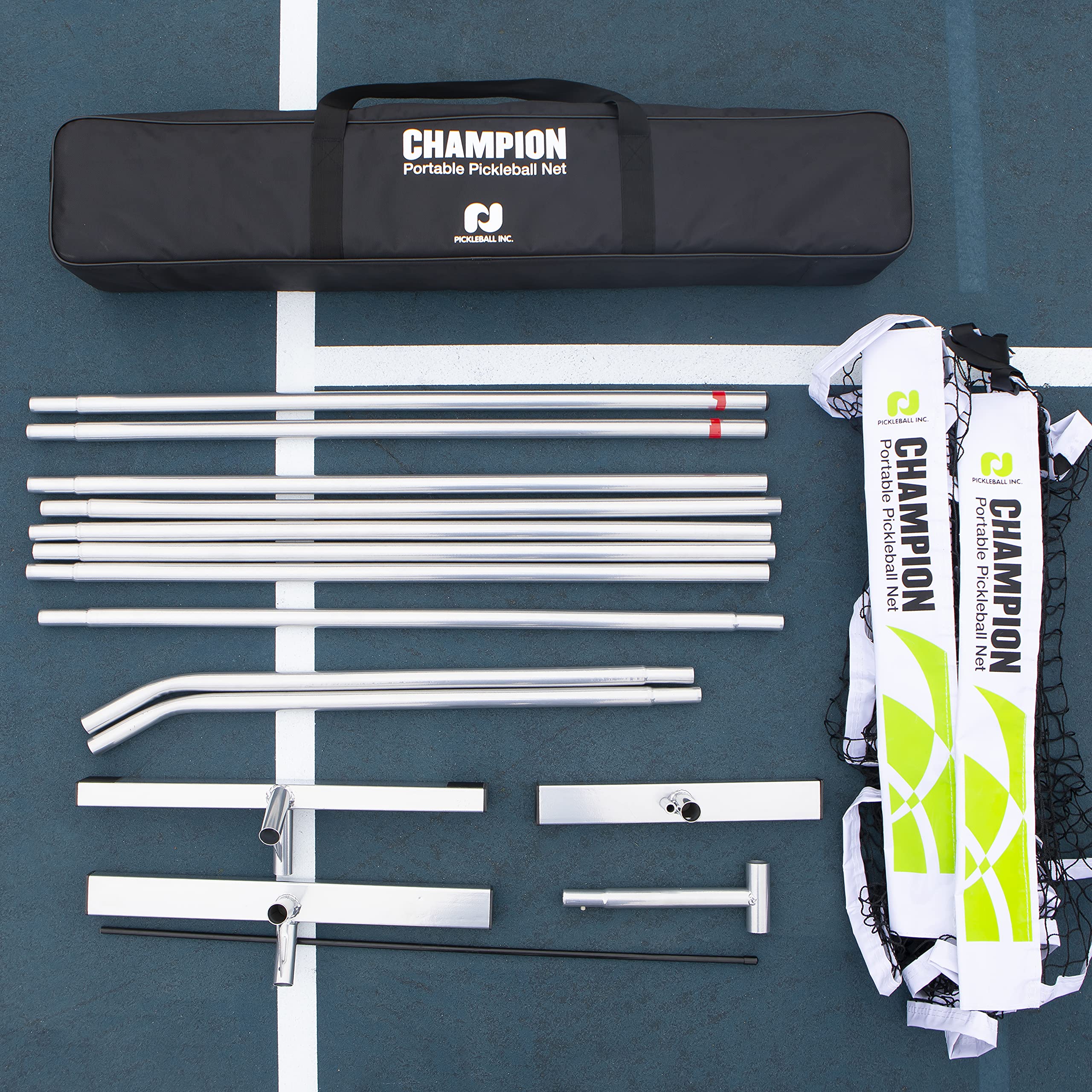 Champion Portable Pickleball Net System | Regulation Size 22 Foot Length | Snap Together Steel Frame with Net and Carry Bag | Easy Assembly