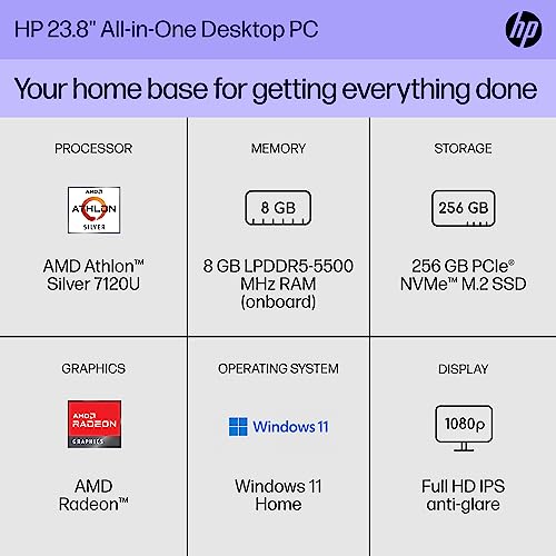 HP 23.8 inch All-in-One Desktop PC, FHD Display, AMD Athlon Silver 7120U, 8 GB RAM, 256 GB SSD, AMD Radeon Graphics, Windows 11 Home, 24-cr0010 (2023)