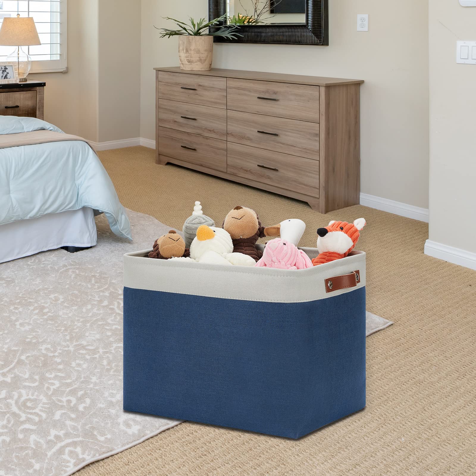 DULLEMELO Collapsible Bundle Baskets 3 Medium Baskets 15"x11"x9.5" + 2 Large Baskets 16"x12"x12"(White&Blue)