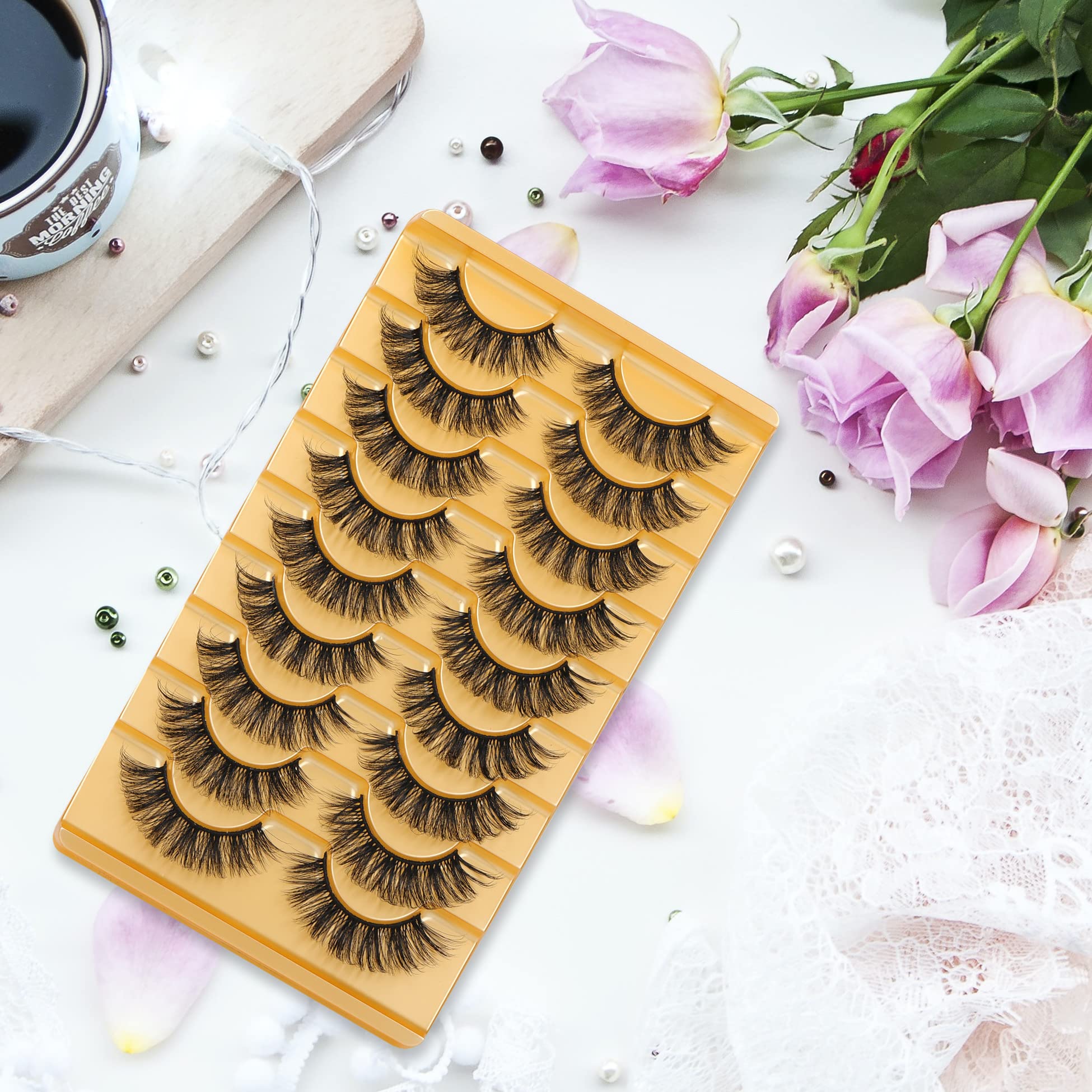 Eyelashes Natural Looking 16MM Wispy False Lashes D curl Cat Eye Fluffy Volume Faux Mink Lashes Pack 9 Pairs by Mavphnee