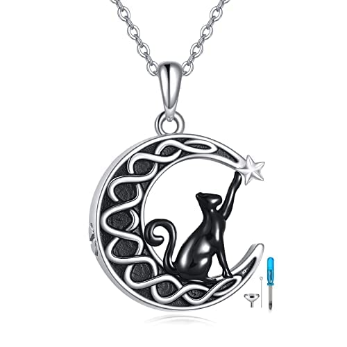 Cat Urn Necklace for Ashes Sterling Silver Black Cat Pendant Keepsake Memorial Cremation Jewelry for Women (abalone)