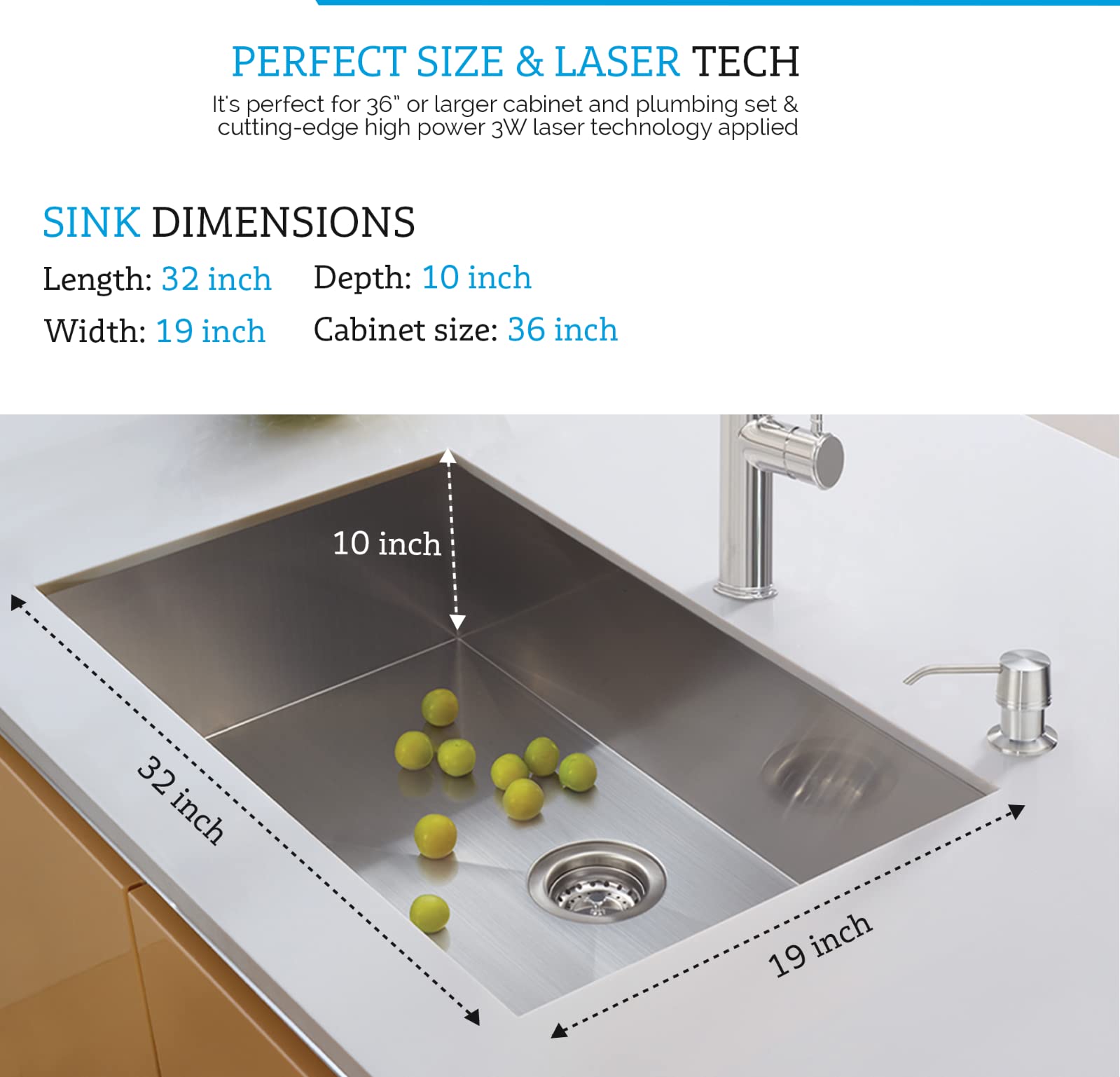 KABCO K-SSZRIS1 32 Inch 16 Guage Undermount kitchen sink Zero Radius Single Bowl stainless steel Finish kitchen sink 32"L X 19"W X 10"D Inch
