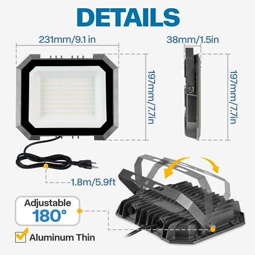 Leddictive 2 Pack LED Flood Lights Outdoor, 100W 10000LM Super Bright Floodlight Outside Work Light with 5.9FT Plug, IP65 Waterproof 6000K Outdoor LED Flood Light for Garage, Yard, Lawn, Garden
