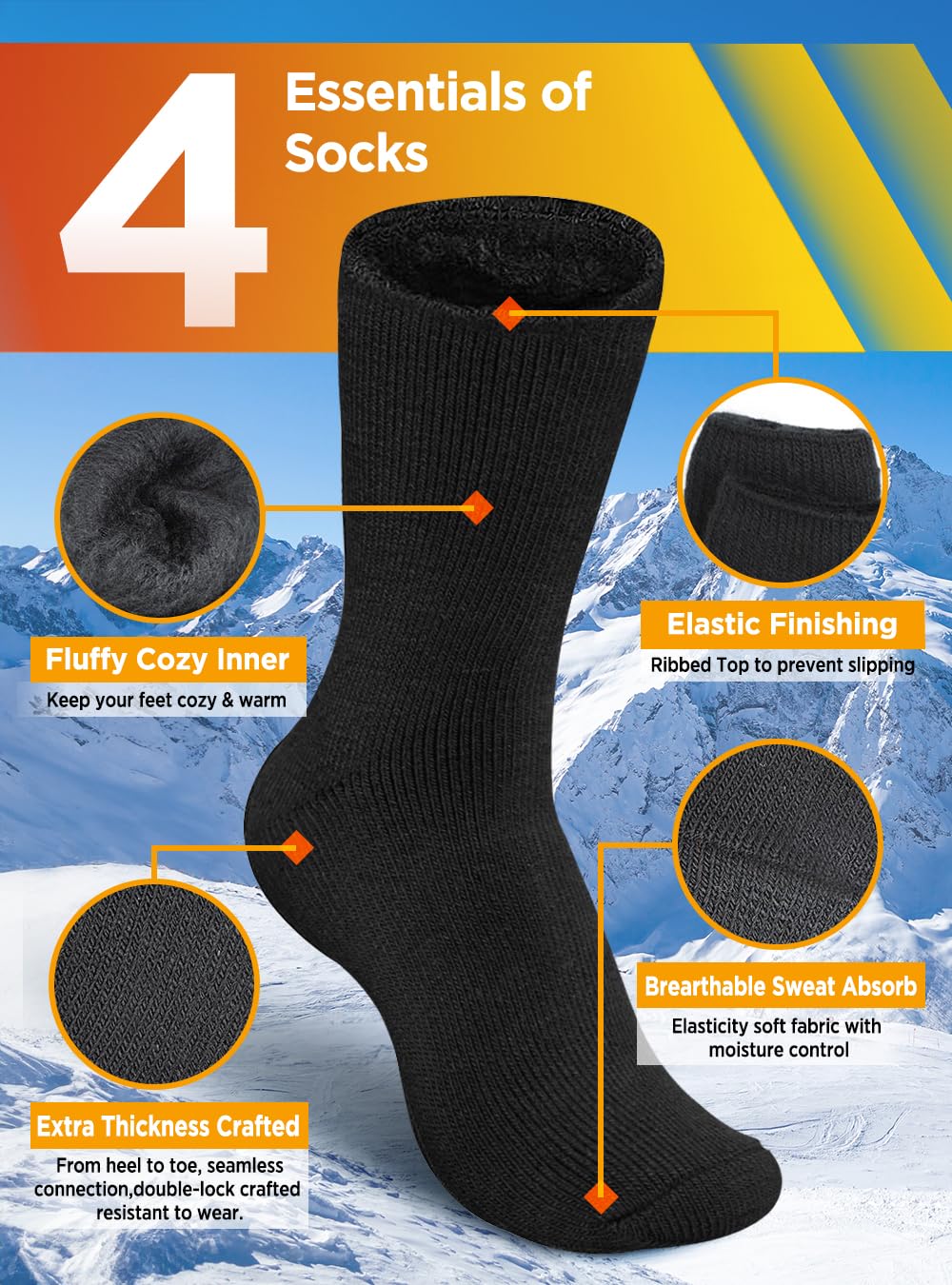 Bymore 2Pairs Thermal Socks for Men,Heated Thick Crew Socks,Warm Winter Socks Insulated Cold Weather