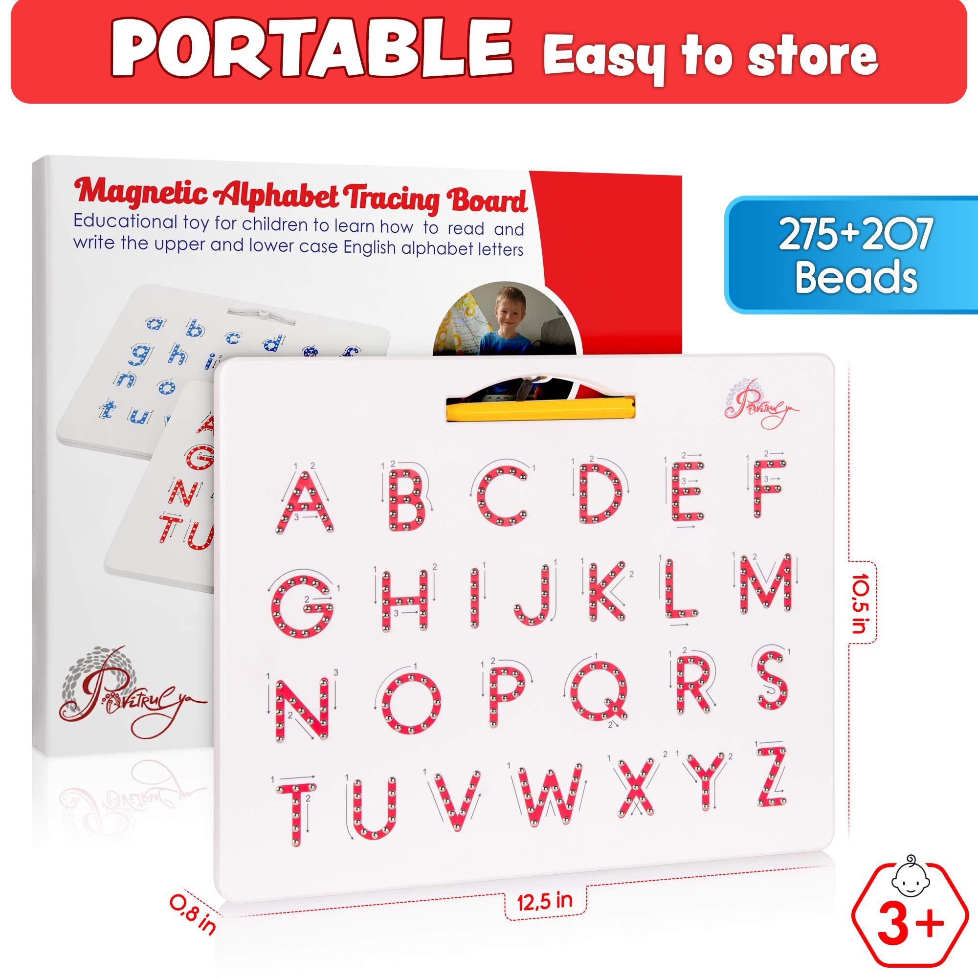 Povitrulya Magnetic Alphabet Tracing Board - double-sided upper & lower case Magnetic Drawing Board, ABC magnets for learn to write with magnetic pen, STEM toy letters learning, good for homeschooling