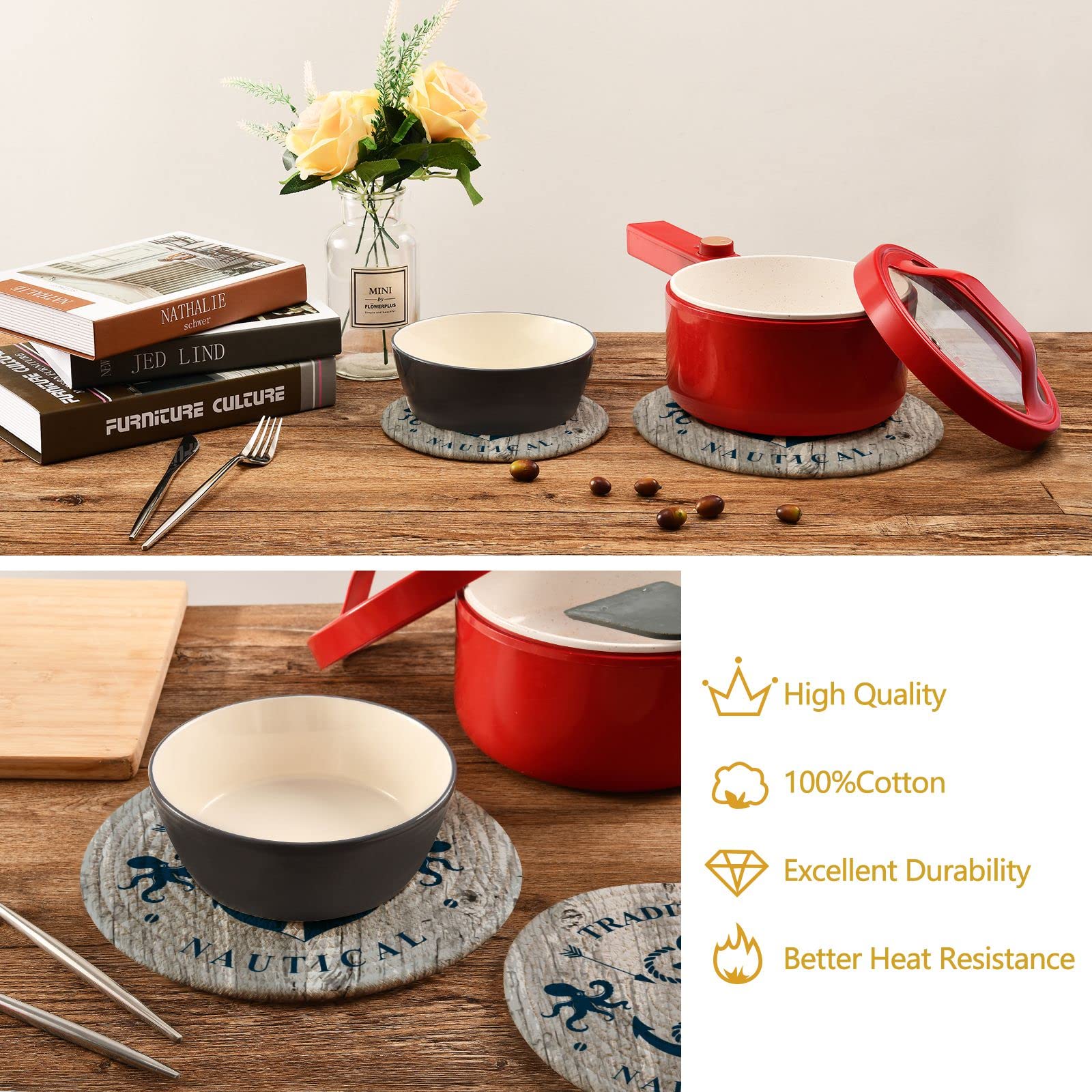 Cotton Rope Pot Holder Nautical Marine Octopus Anchor Wooden 2 Pcs Trivets for Hot Dishes Placemats Heat Resistant Hot Pads for Kitchen Weave Pot Mat Cooking Baking Deco