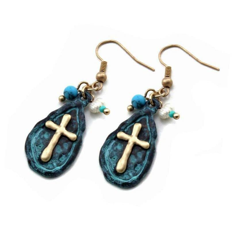 Earrings Cross Light Patina Teardrop Yellow Gold Plate Dangle Pierced Wire Ears