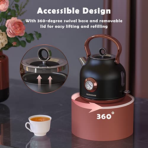 NESSGRAIM Retro Electric Kettle, 1.7L Stainless Steel Tea Kettle with Large Temperature Gauge, 1500W Fast Heating Hot Water Boiler with LED Indicator, Auto Shut-off & Boil-Dry Protection-Reteo Black