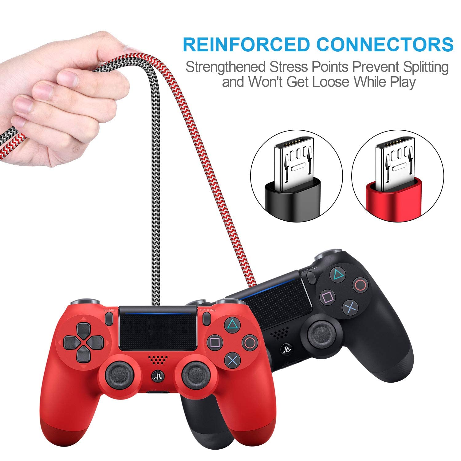 Charger Cable for PS4 Controller โ 2 Pack 10FT Nylon Braided Micro USB 2.0 Charge and Play Data Sync Charging Cord for Playstation 4, dualshock 4, Xbox One S/X Controller, Samsung, Android Phones