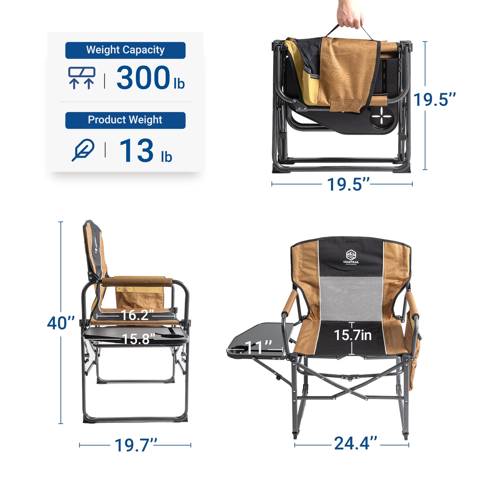 Coastrail Outdoor Directors Chair Extra Compact Folding Camping Chair with Large Side Table, Breathable Mesh Back, Cup & Phone Holder, Storage Pockets & Handle, Bonus Carry Bag,Khaki, X-Large