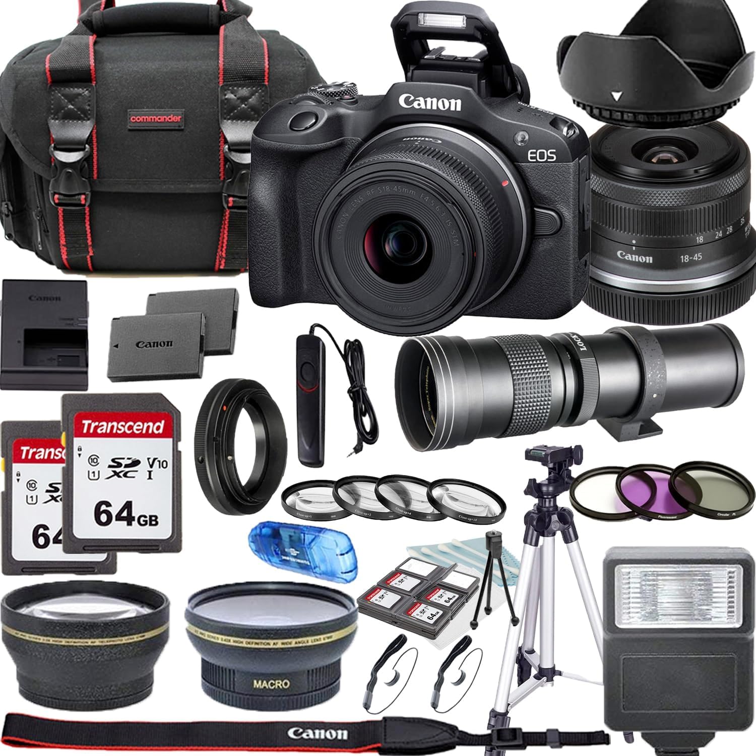 Canon EOS R100 Mirrorless Camera with 18-45mm and 420-800mm f/8.3 HD Telephoto Zoom Lenses + Lens Filters + CASE + Accessory Bundle (Renewed)
