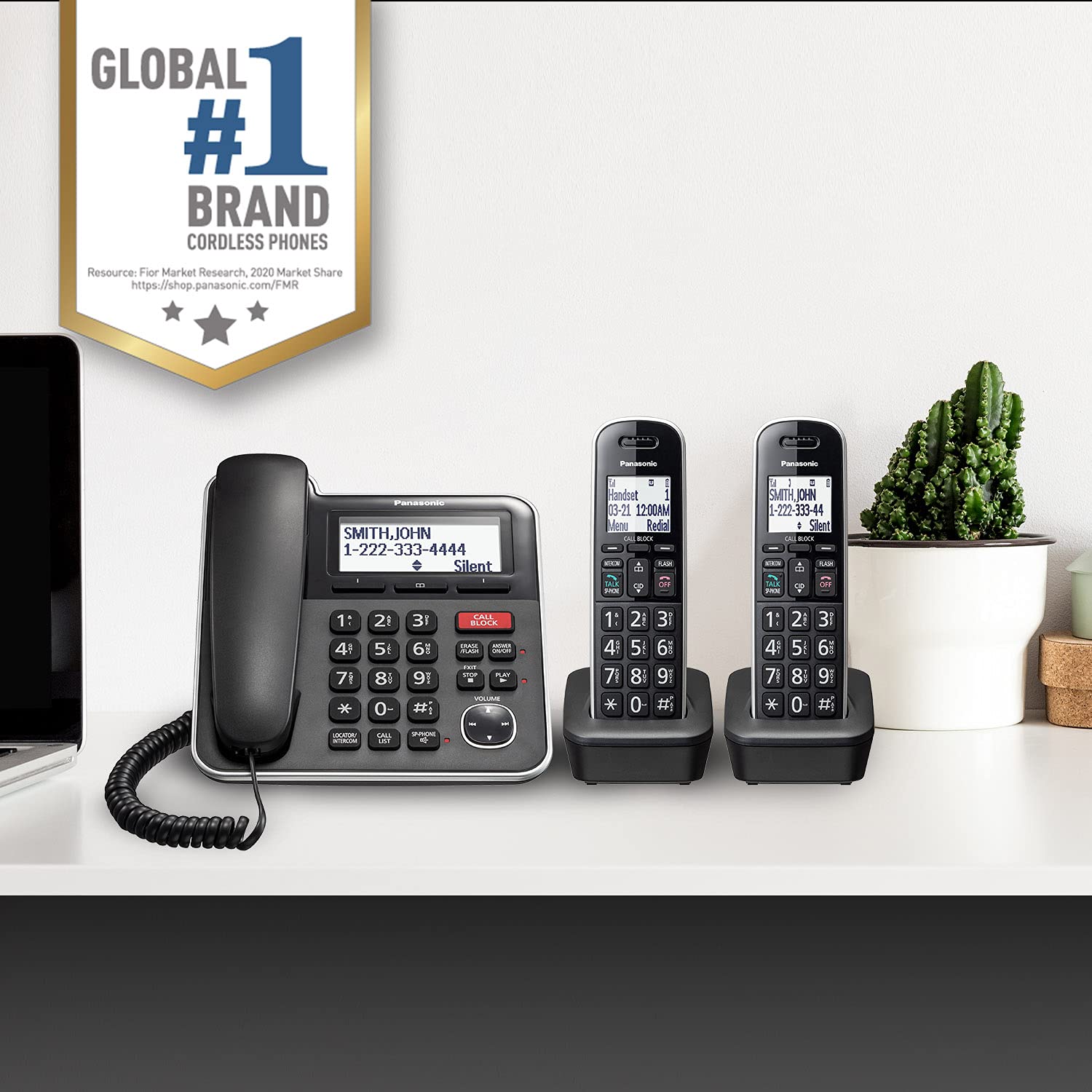 Panasonic Expandable Corded/Cordless Phone System with Answering Machine and One Touch Call Blocking β 2 Handsets - KX-TGB852B (Black)