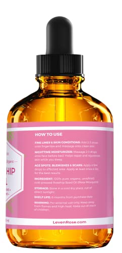 Leven Rose Rosehip Seed Oil, 100% Pure Organic Unrefined Cold Pressed Anti Aging Rose Hip Moisturizer for Hair Skin & Nails, 4 Fl. oz…