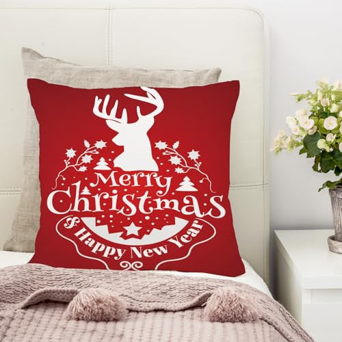 Christmas Deer Pillow Covers Animal Tree Moon Snowflakes Pack of 2 Throw Pillow Covers Home Decorative Soft Linen Square Comfy,red,16x16 Inch