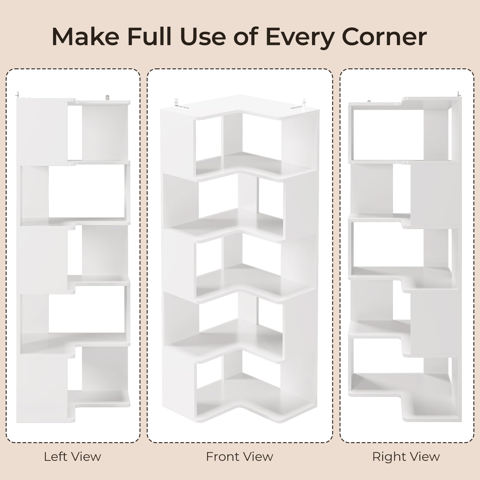 Karl home Corner Rack,64.96" Bookshelf with Anti-Drop Panel,Modern Shelf Display Rack Storage,Wooden Open Display Shelving Storage Rack,for Bedroom,Living Room,Small Space,Home Office,Bar,White