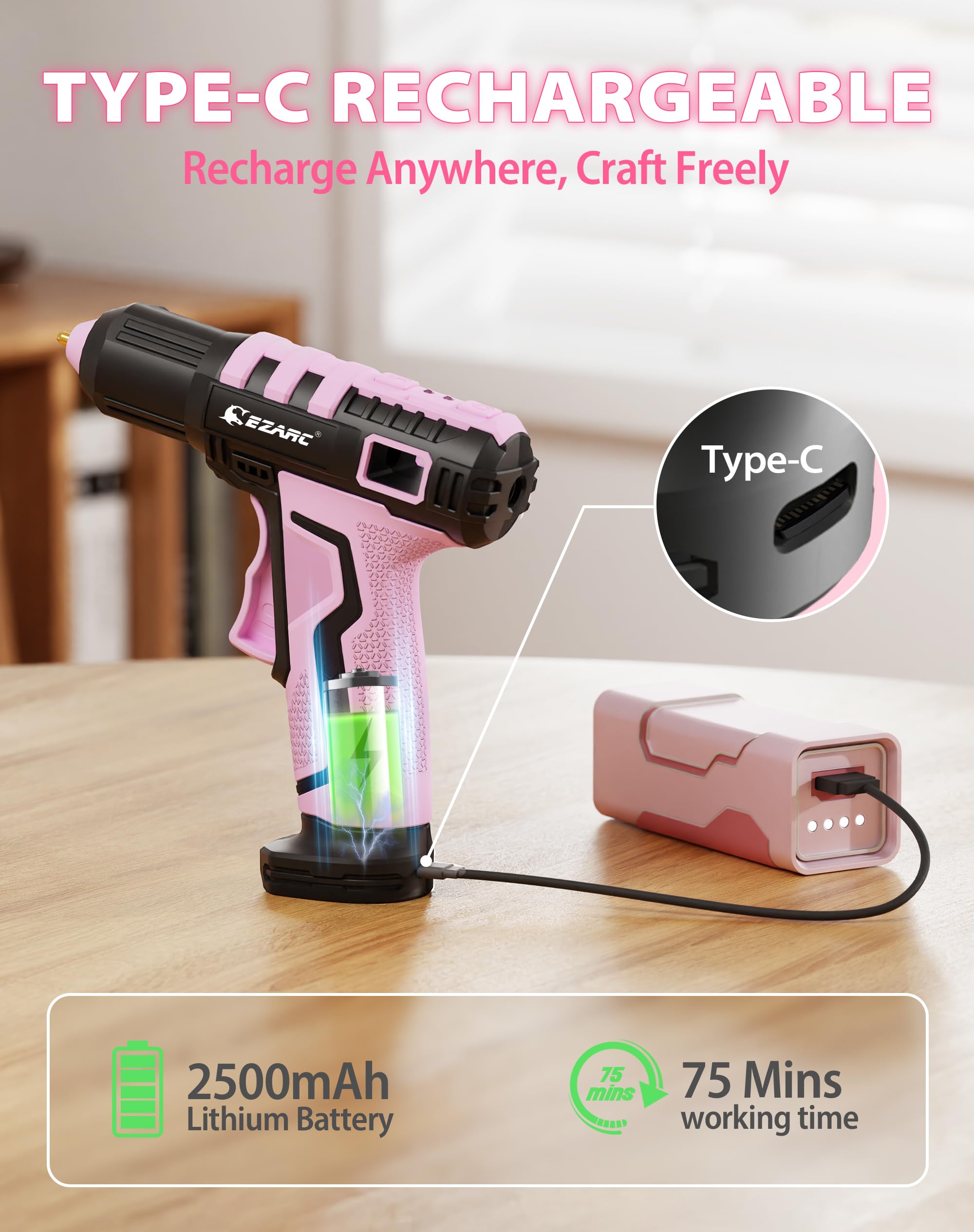 EZARC Cordless Hot Glue Gun, 15s Heating Fast Glue Gun Kit with 30 Pcs Mini Glue Gun Sticks, Automatic-Safety-Power-Off, Built-in 2500 mAh Lithium-ion for Art, Crafts, Decorations, Home Repairs