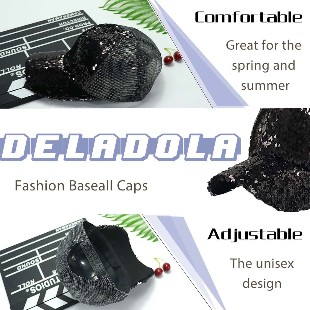 deladola Glitter Sequin Baseball Hat Women Sparkly Stylish Plain Ajustable Cap Party Festival Rave Outdoor Hats for Men Black