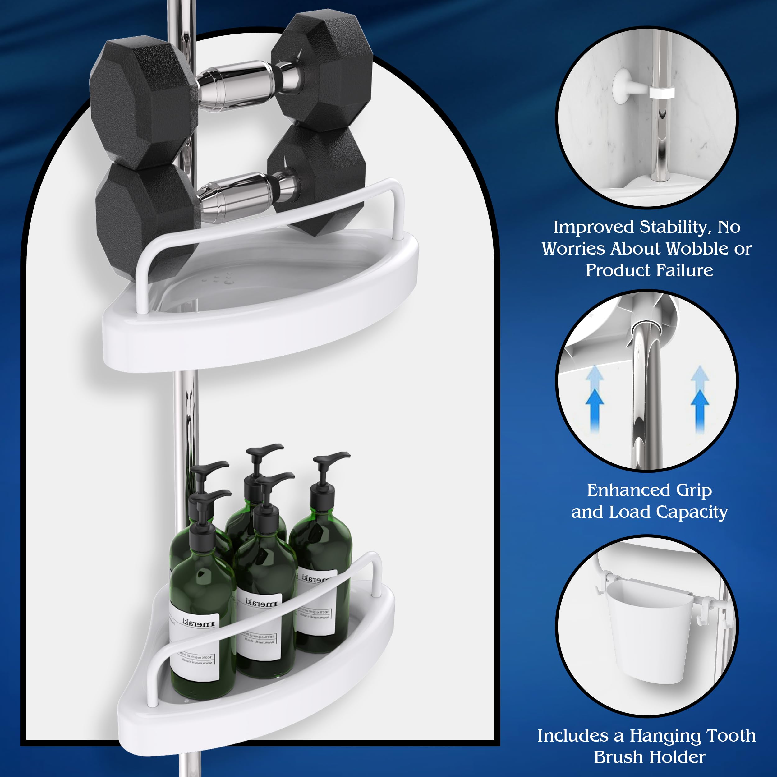 EliteCart Rust Proof Shower Caddy Corner Tension Pole β Adjustable Height (32-120 inch), 4 Tier Shelf Bathtub Organizers and Storage β Includes Towel Rack, Tooth Brush Holder and Suction Cups (White)