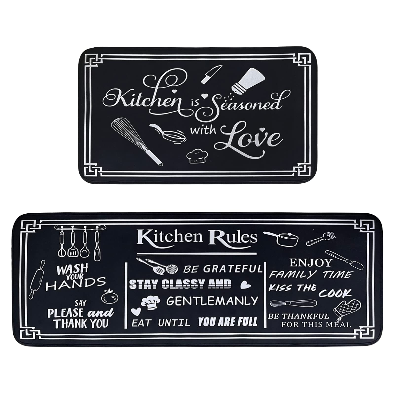 Voanos Black and White Kitchen Rugs,Non Skid Washable Microfiber mats for Kitchen Floor, Kitchen Rules Theme Kitchen Cushioned Runner Rug Decor Sets of 2,Size 17"x 47"+17"x 30"