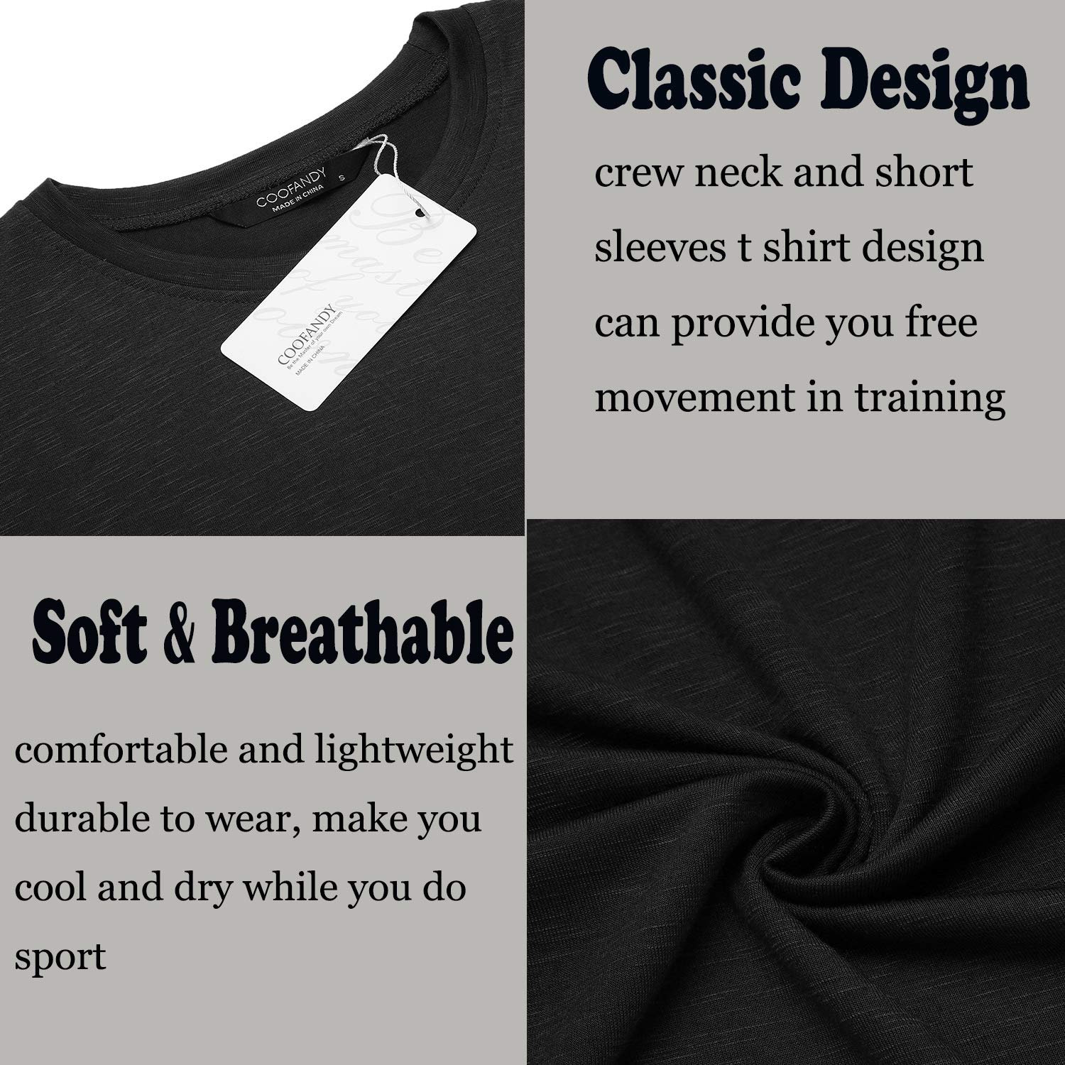COOFANDY Men Muscle Workout T Shirt Gym Bodybuilding Active Short Sleeve Tee Top Black