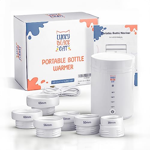 Portable Bottle Warmer for Travel by Lucky Black Cat, Travel Bottle Warmer with 6 Adapters, 4 Minutes Fast Heating Portable Bottle Warmer for Breastmilk, 4 Temperature Settings, Cordless Bottle Warmer