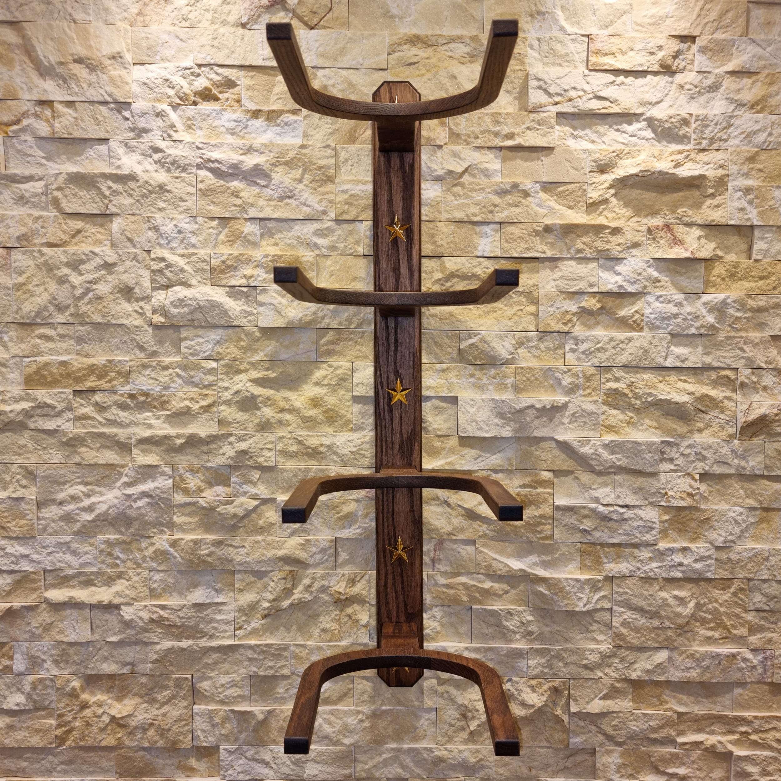 Cowboy Hat Rack - Made from Solid Oak - with Solid Copper 24 Carat Gold Plated Stars - 4 Hat Cowboy Hat Holder - No Veneer or Chipboard
