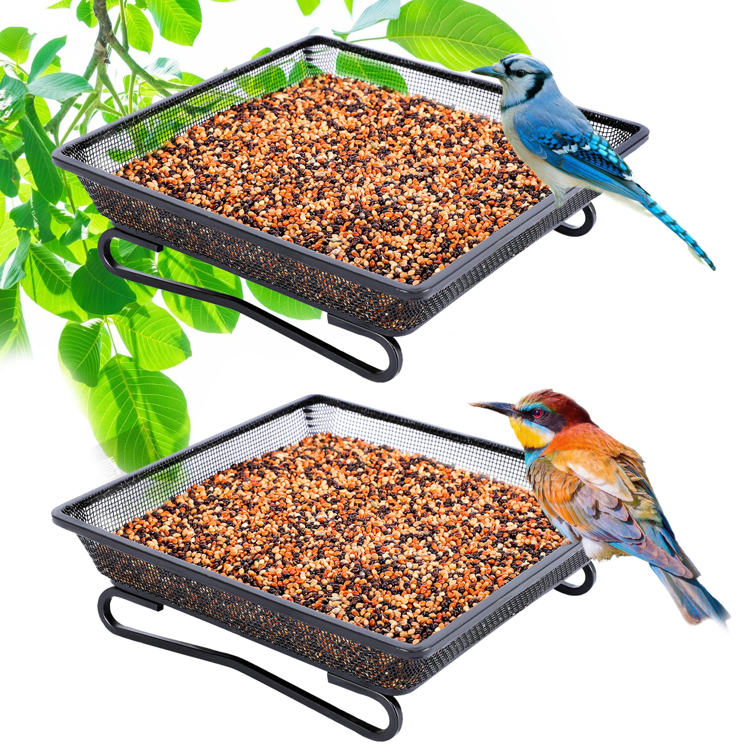 FEED GARDEN 2 Pack Platform Ground Bird Feeder Tray, Metal Mesh Seed Tray for Feeding Birds, Garden Decoration for Wild Birds and Squirrels, Size 7 x 7 x 2.2 Inches