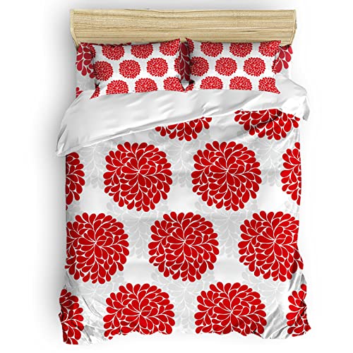 Red Dahlia Bed Bedding 4 Piece Comforter Set - Duvet Cover Set Queen Size Premium with Zipper Closure Ultra Soft, 4 Piece-1 Microfiber Duvet Cover Matching,2 Pillow Shams,1 Fitted Sheet