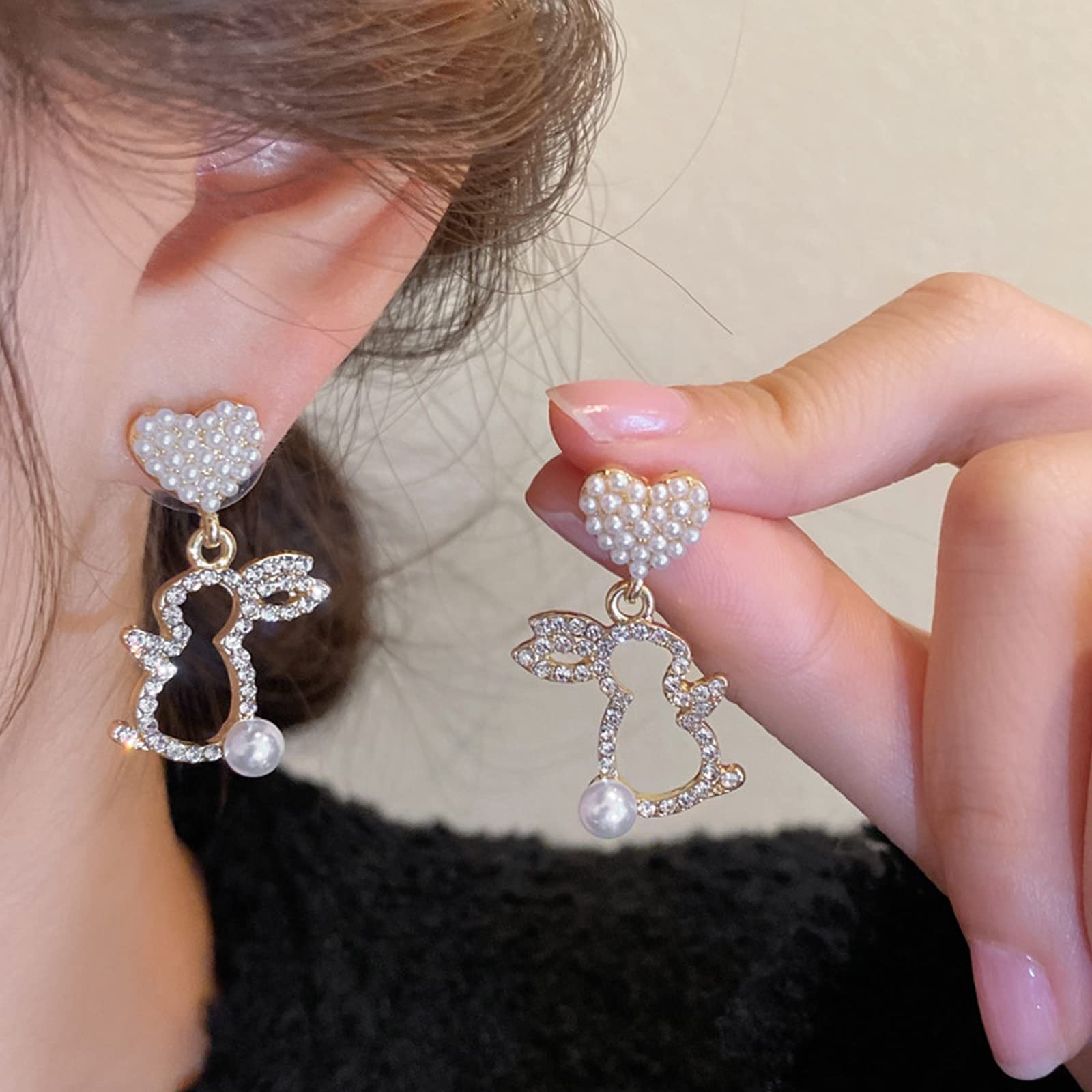 Easter Earrings for Women Handmade Bunny Dangle Earrings Easter Rabbit Dangle Drop Earrings Easter Dangle Earrings for Women Sparkling Pearl Bead Drop Earrings Spring Holiday Jewelry Gifts