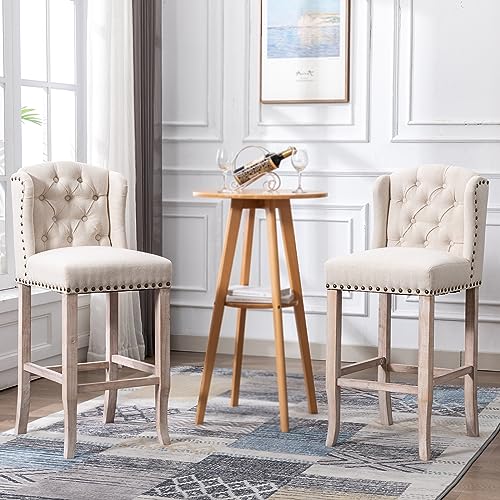 DUOMAY Classic Tufted 30 Inch Bar Stools Set of 2, Linen Upholstered Counter Chairs with Back, Armless Barstools Breakfast Stools W/Solid Wood Legs for Kitchen Island Lounge Pub Bar, Beige