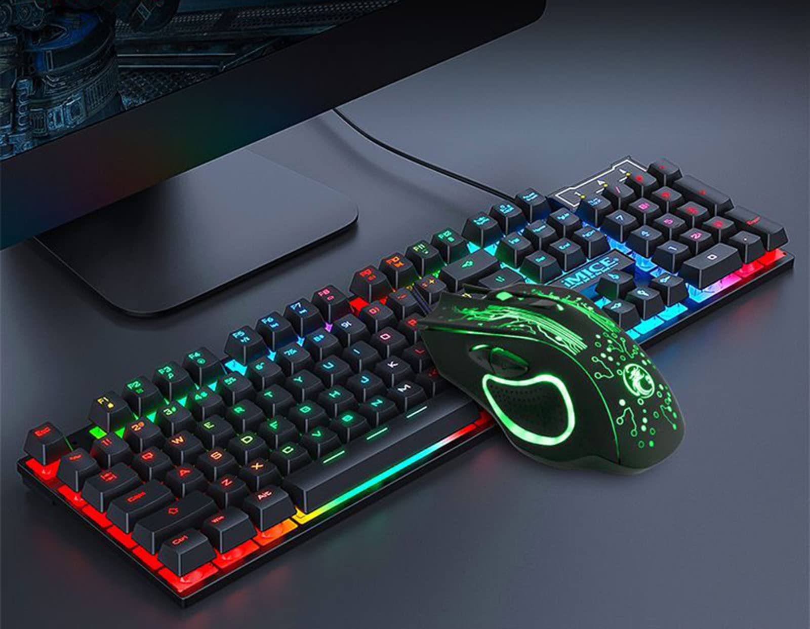 Gaming Keyboard & Mouse Combo Suit, Mini Mechanical Feel Keyboard with RGB LED Lighting, Colorful Floating Key Cap, Mechanical Feel, Luminous, Wired Game, Cool Luminous Texture