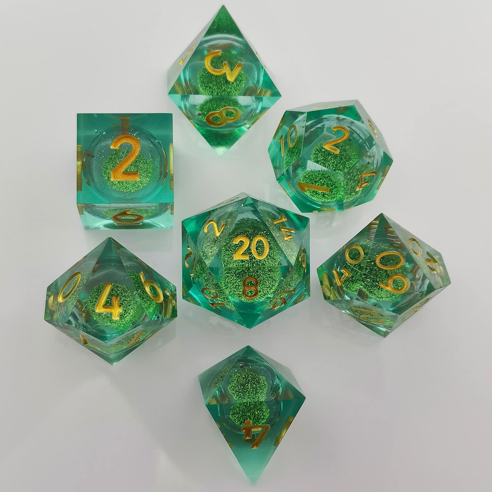 Dice Set - Polyhedral Dice TRPG Game Accessories 100% Handmade Sharp Dice Mtg D20 Dice Set Inclusions Liquid Core Dice Quicksand Ball Send Black Leather Pouch - Green