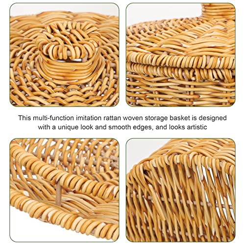 FOMIYES Plastic Rattan Basket Rattan Round Waste Basket with Lid Woven Trash Can Garbage Container Bin Flower Basket for Bathroom Kitchen Home Office Rattan Clothes Hamper