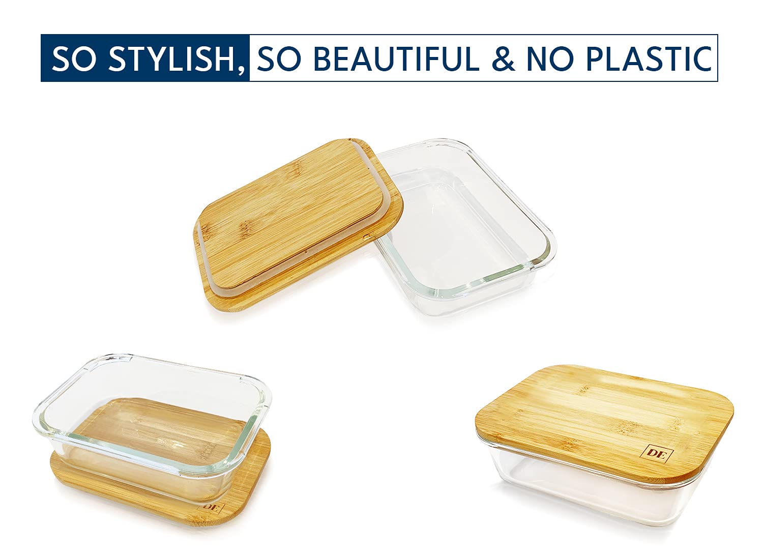 DE Glass Food Storage Containers with Bamboo Lids (4 Pack, 2 x 640ML & 2 x 1040ML) Eco Friendly Meal Prep Containers Reusable β Airtight, Plastic Free, BPA Free