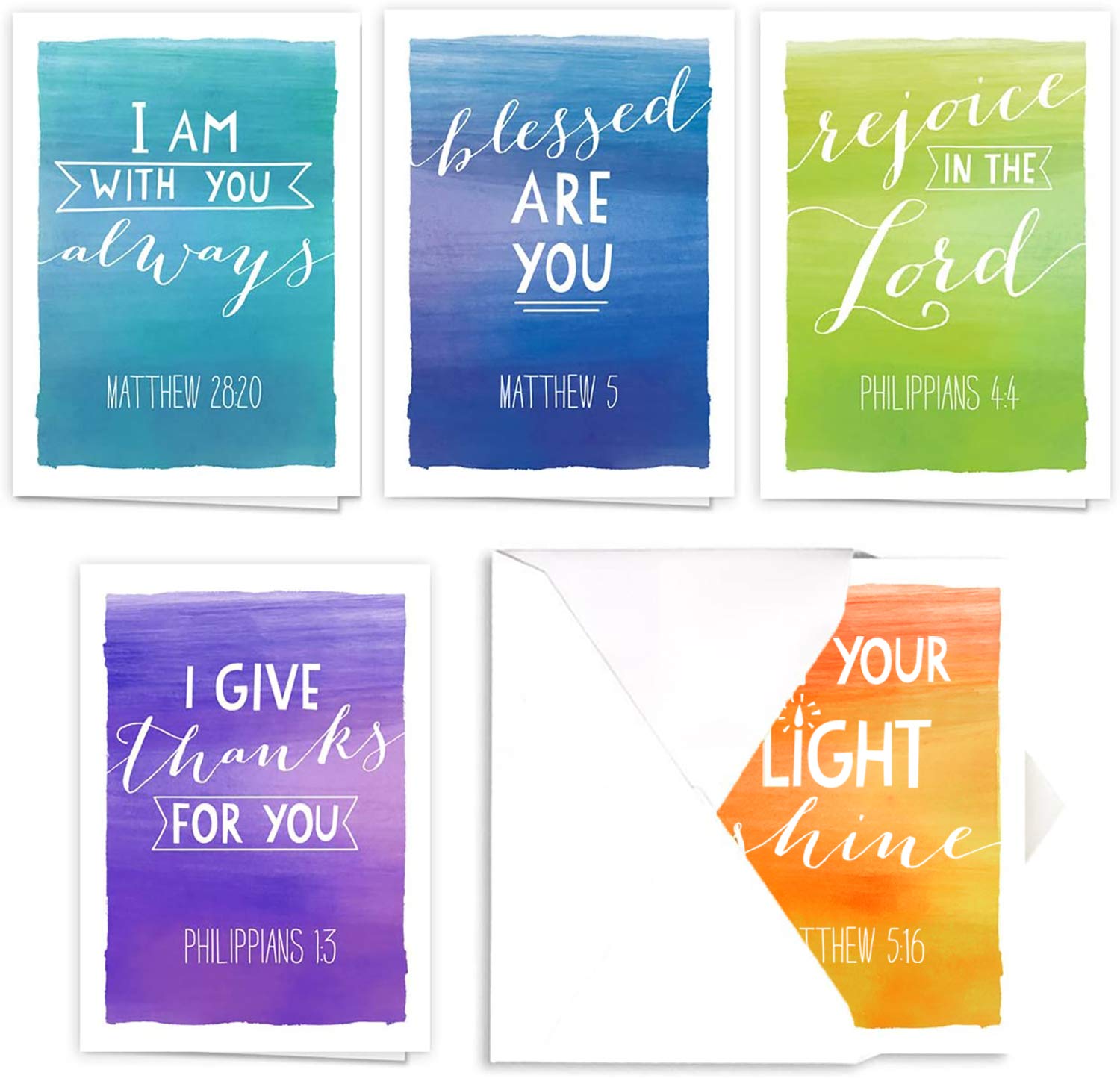 Religious Encouragement Note Card Pack / 25 Bible Verse Cards / 5 Vibrant Watercolor Designs / 3 1/2" x 4 7/8" Christian Greeting Cards
