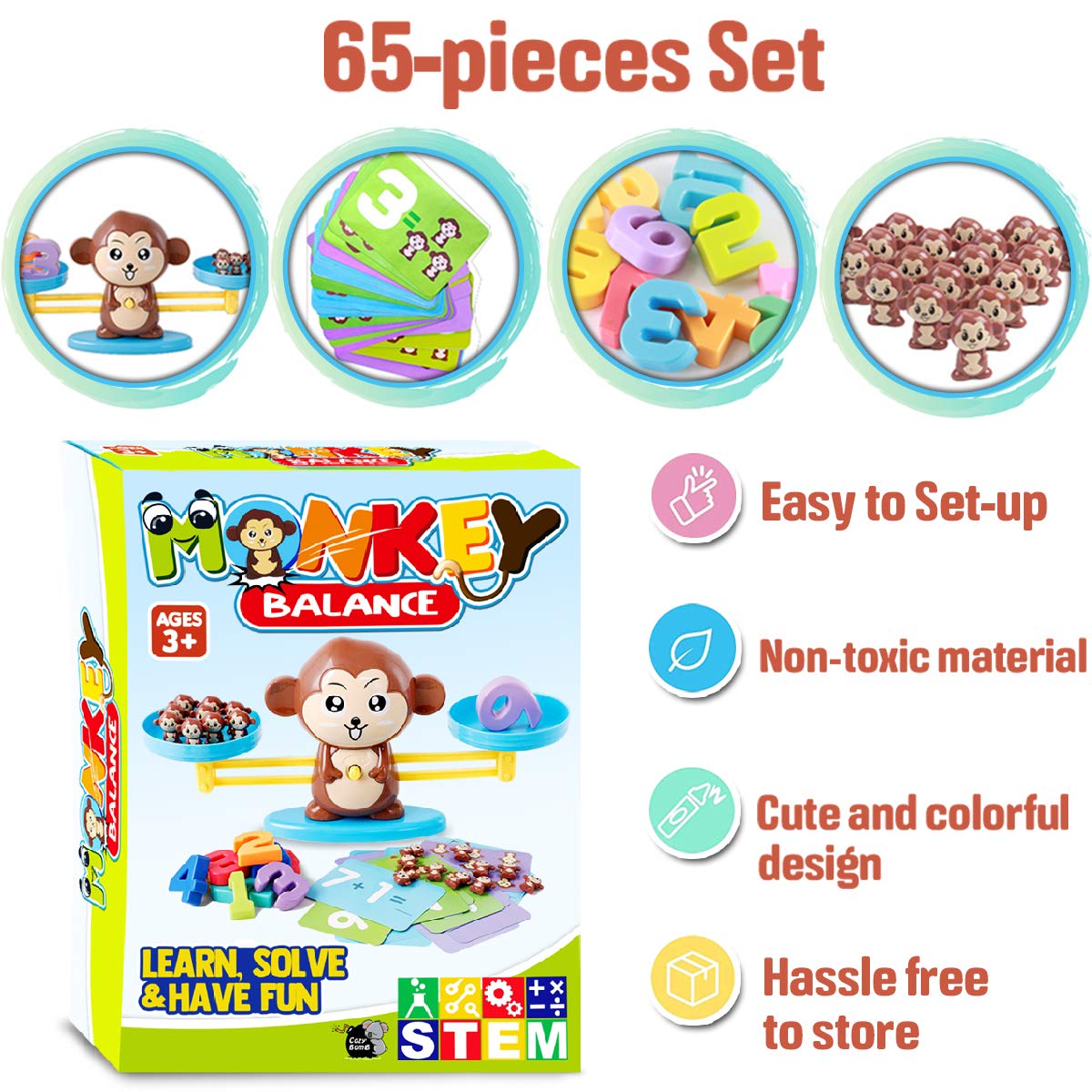 CozyBomB™ Monkey Balance Counting Toys Cool Math Games - STEM Preschool Educational Toys for 3 4 5 Year olds Cool Math Educational Kindergarten - Number Toddler Learning Games for Boys and Girls