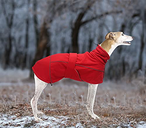 Greyhound Lurcher Winter Coat, Whippet Warm Coat with Fleece, Water Resistant Dog Jacket with Adjustable Bands and Zipper Harness Hole - Red - XSmall
