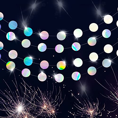 Iridescent Disco Party Decorations Garland, Retro 70s Circle Streamers, Holographic Hanging Dancing Decor Backdrop, Sparkle Birthday Bachelorette Mermaid Unicorn Theme Party Supplies