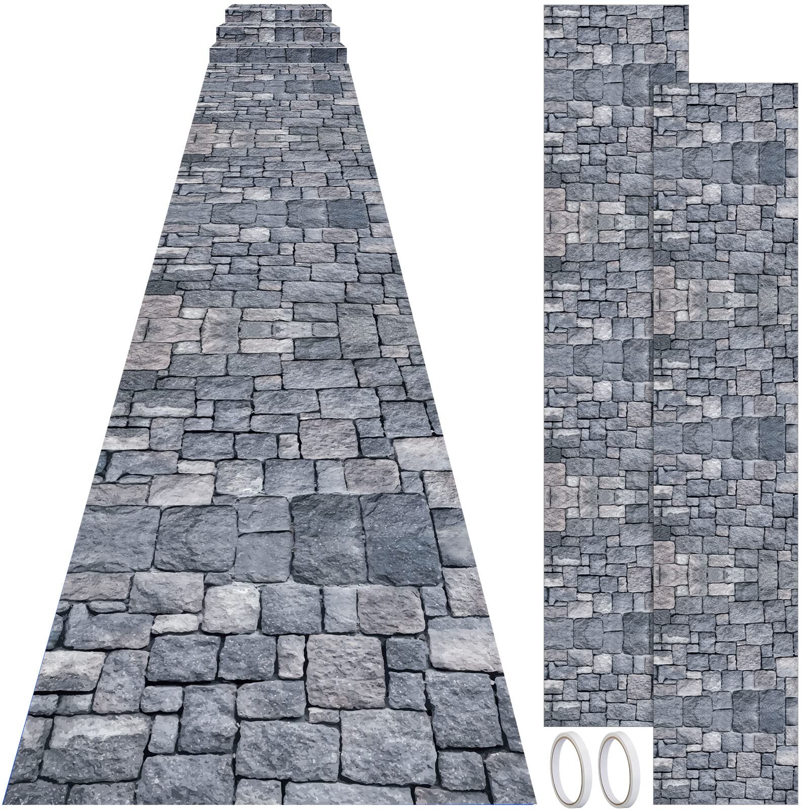 Fabbay 4 Pack 10ft Cobblestone Aisle Runners Medieval Party Decorations Polyester Brick Stone Printed Floor Runners for Medieval Castle Knight Themed Party Supplies Halloween Castle Table Cover