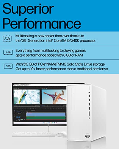 HP Pavilion Desktop PC, 12th Gen Intel Core i5-12400, 8 GB RAM, 512 GB SSD, Windows 11 Home, Wi-Fi 6 & Bluetooth, 9 USB Ports, Wired Keyboard & Mouse Combo, Pre-Built PC Tower, TP01-3050 (Renewed)