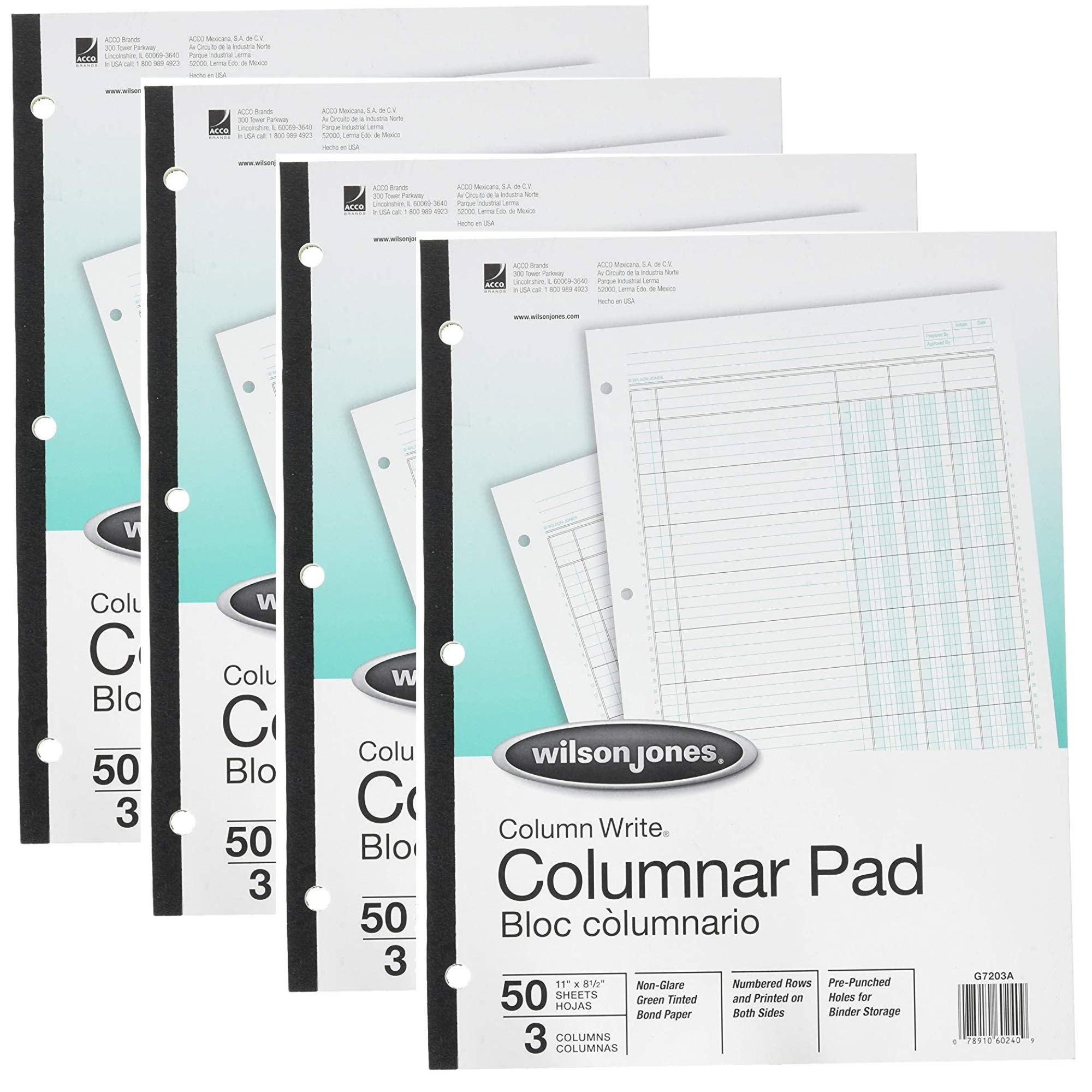 Column Pad, 3 Column, 3-7/16" Wide, 40 Line/Page, 11"x8-1/2", Green, 50/Pad WLJG7203, 4 Pack
