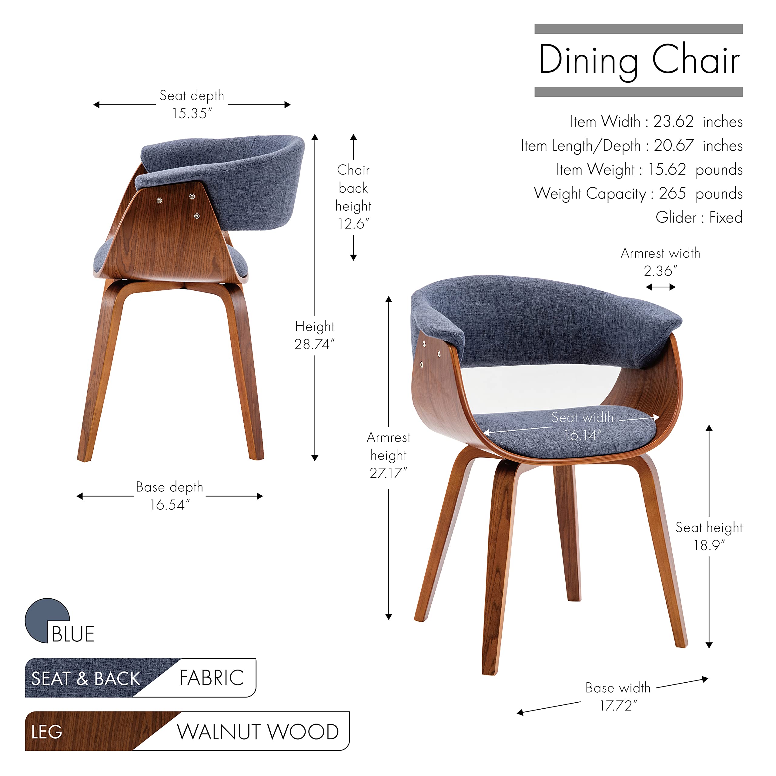 Porthos Home Merin Dining Chair with Ergonomic Curved Back and Seat in Fabric Upholstery, Sturdy Wooden Legs