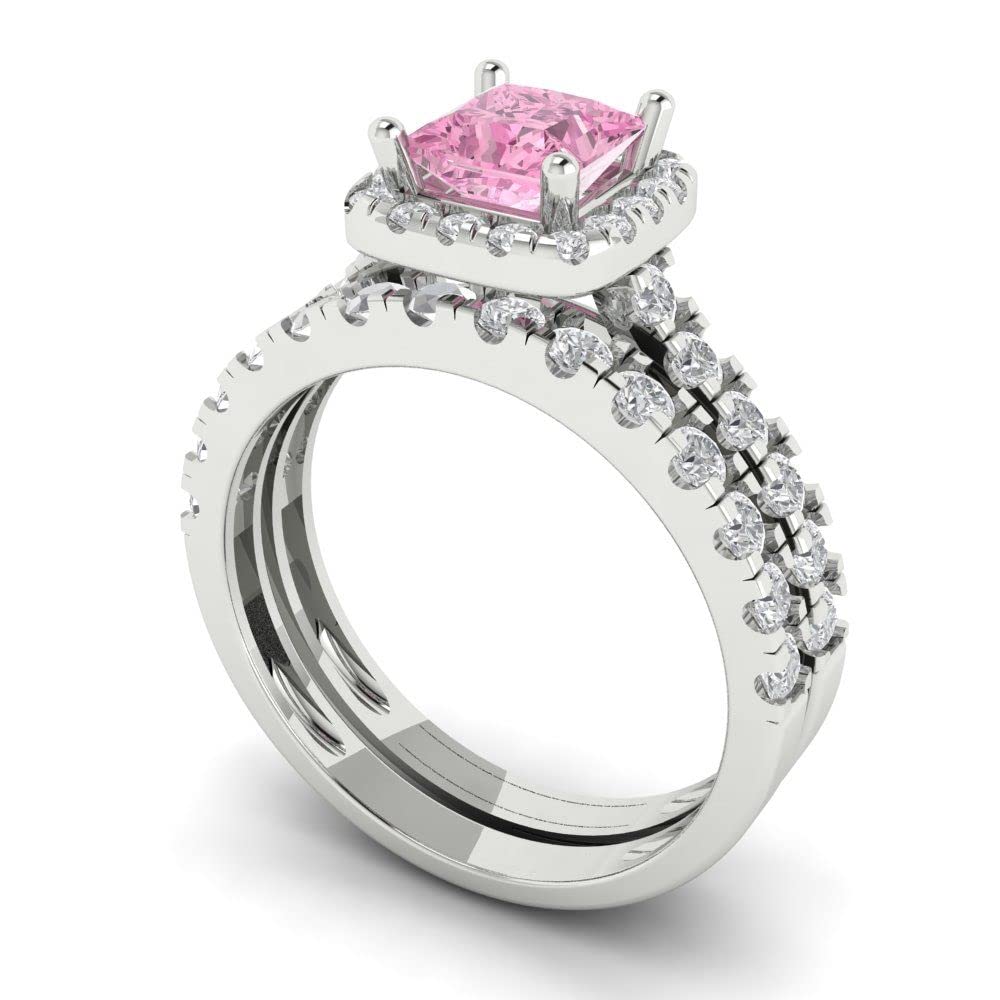 Clara Pucci 1.6ct Princess Cut Halo Solitaire Pink Simulated Diamond Engagement Promise Bridal Ring Band set 14k White Gold 9.5