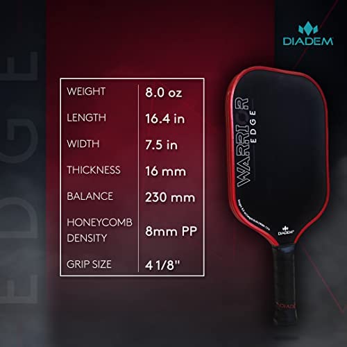 Diadem Warrior Edge Classic Pickleball Paddle, Carbon Fiber(Graphite) Etched Face for Max Spin, 16mm Core, Midweight 8oz. - Teal